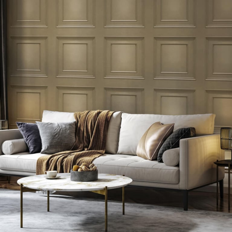 Belgravia Decor Amara Wood Panel Champagne Satin Wallpaper - 7401